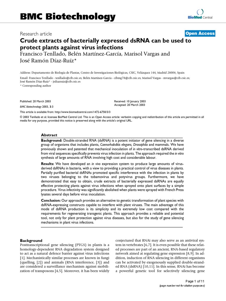 BMC Biotechnology: Crude Extracts of Bacterially Expressed Dsrna Can Be Used To Protect Plants ...