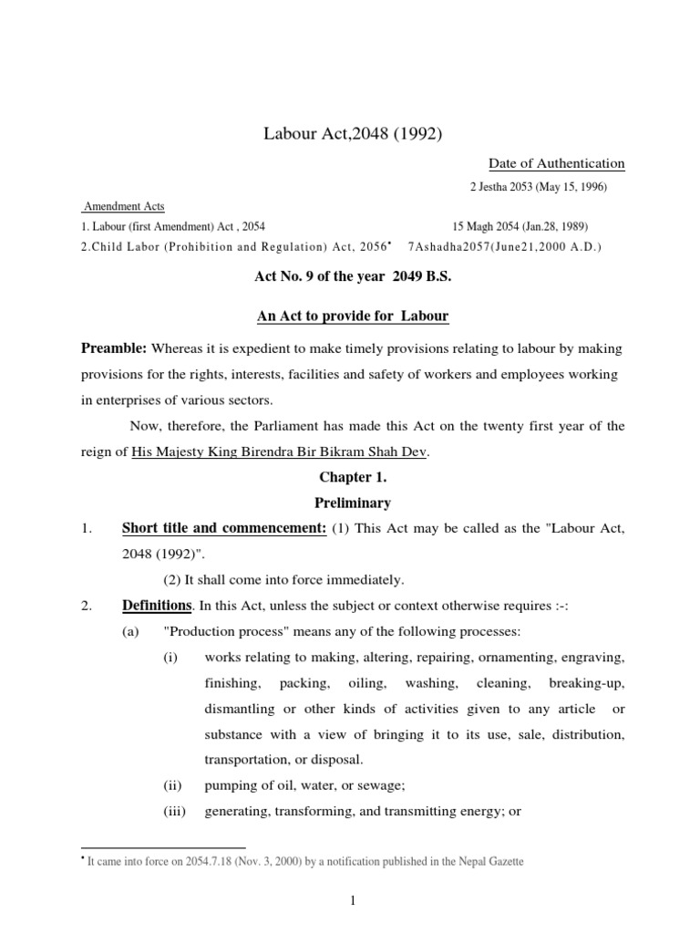 Labour Act, 2048 (1992) : It Came Into Force On 2054.7.18 (Nov. 3, 2000 ...
