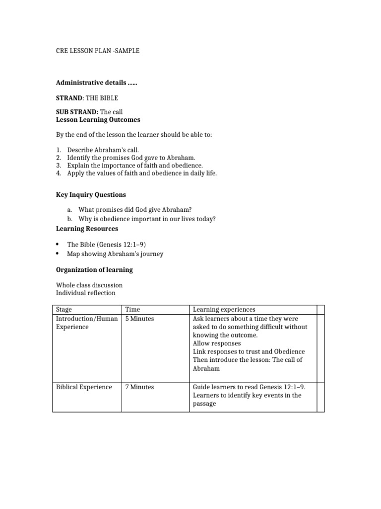 Sample CRE Lesson Plan | PDF | Abraham | Faith