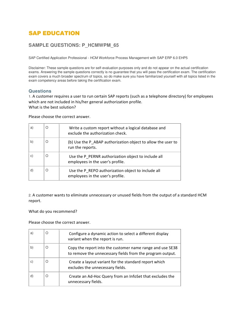 Sap Education: Sample Questions: P - HCMWPM - 65 | Download Free PDF ...