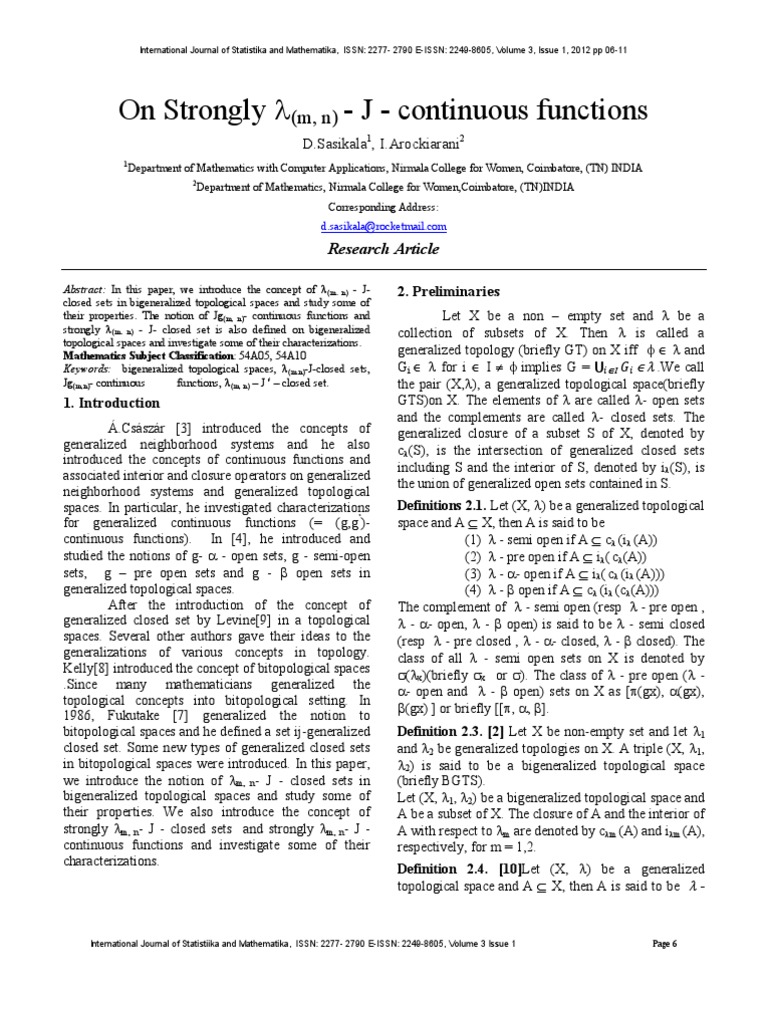 On Strongly - J - Continuous Functions: 2. Preliminaries | PDF | Continuous Function ...