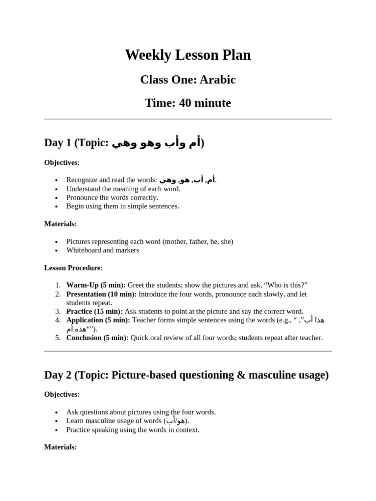 Weekly Lesson Plan, Class One, Arabic, 01-05 March 2026 | PDF ...