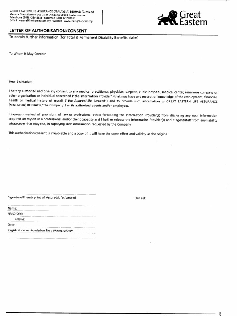 Great Eastern Life - Letter of AuthorisationConsent - LOAC (2) 1 | PDF