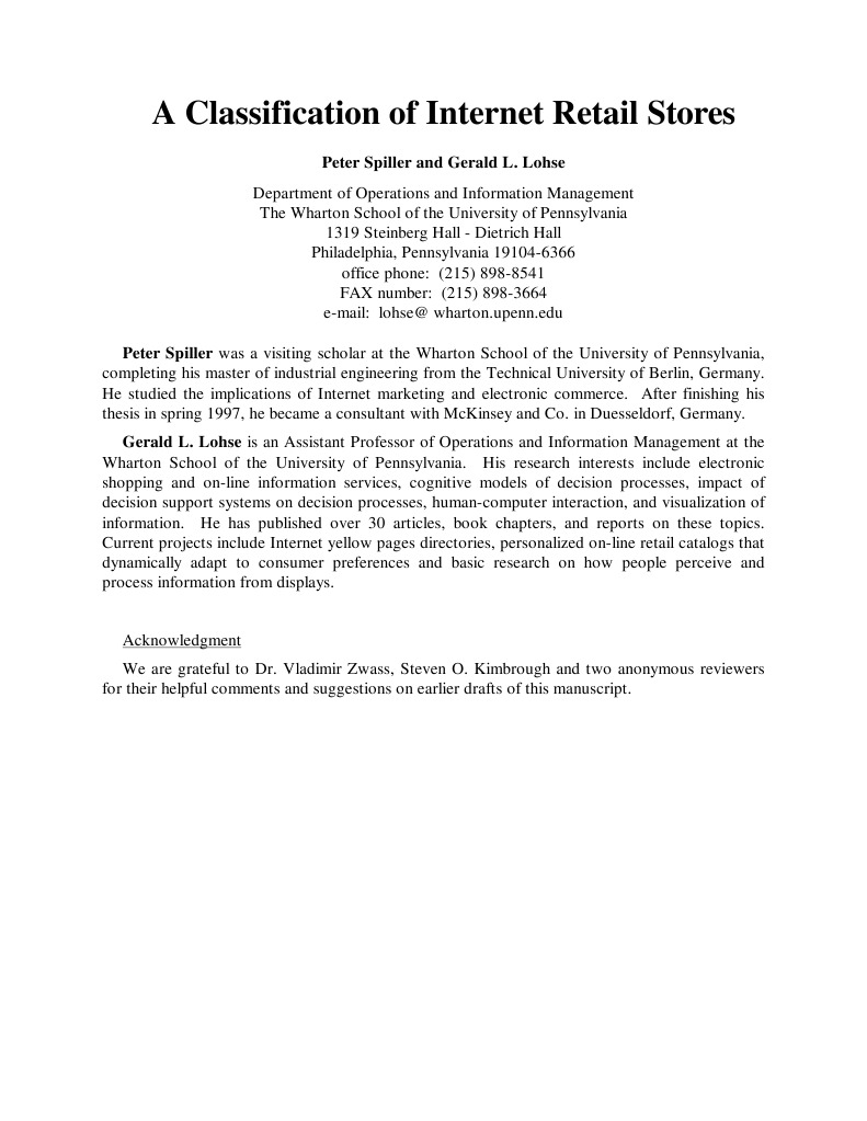 A Classification of Internet Retail Stores: Peter Spiller and Gerald L ...