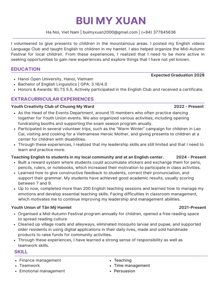 CV Bui My Xuan | PDF | Vietnam | Behavior Modification