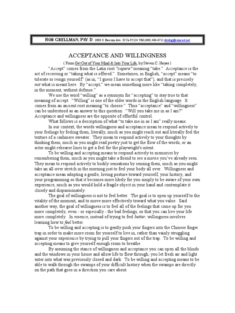 Acceptance and Willingness | PDF | Anxiety | Pain