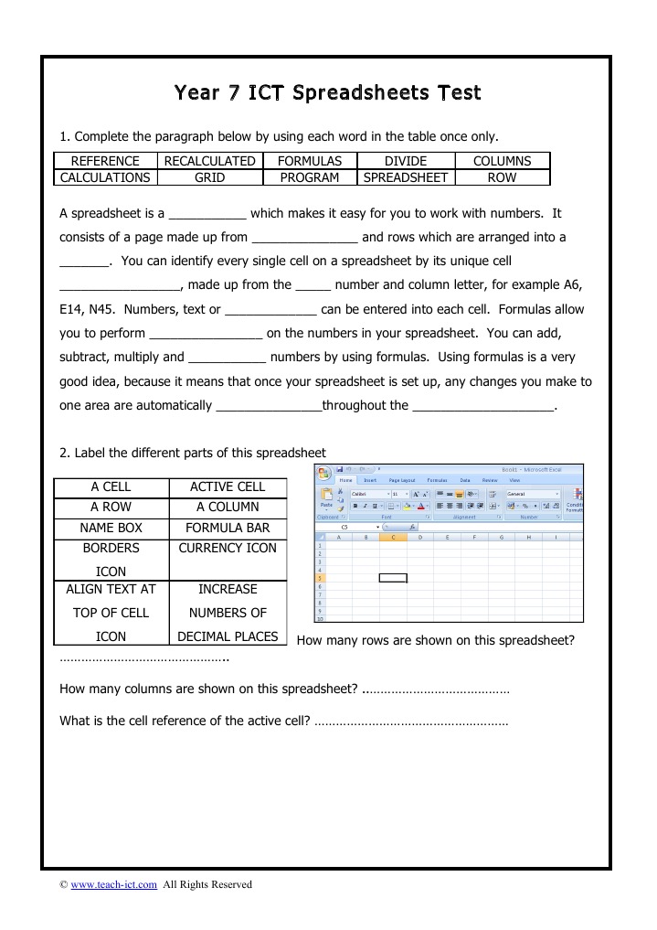 Year 7 Spreadsheets Test | Spreadsheet | Formula