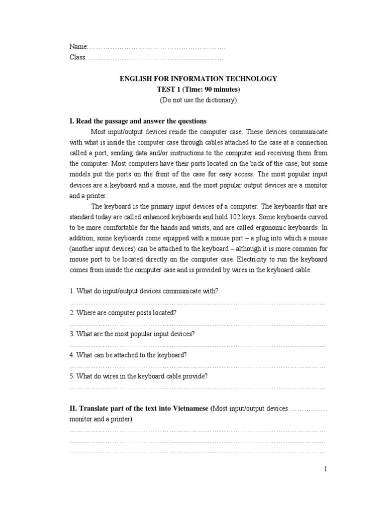 English For Information Technology TEST 1 (Time: 90 Minutes) | PDF ...