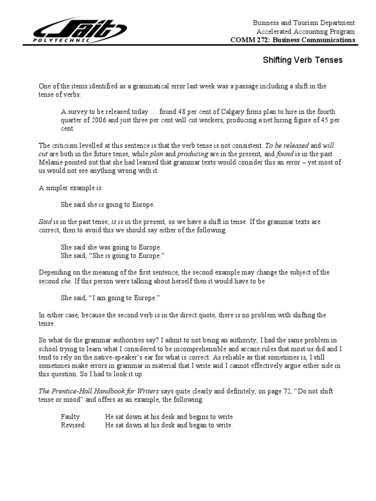 Shifting Verb Tenses: COMM 272: Business Communications | PDF ...