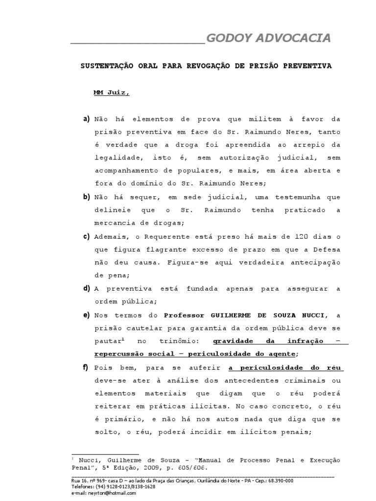 SustentaÇÃo Oral Para RevogaÇÃo De PrisÃo Preventiva Procedimento