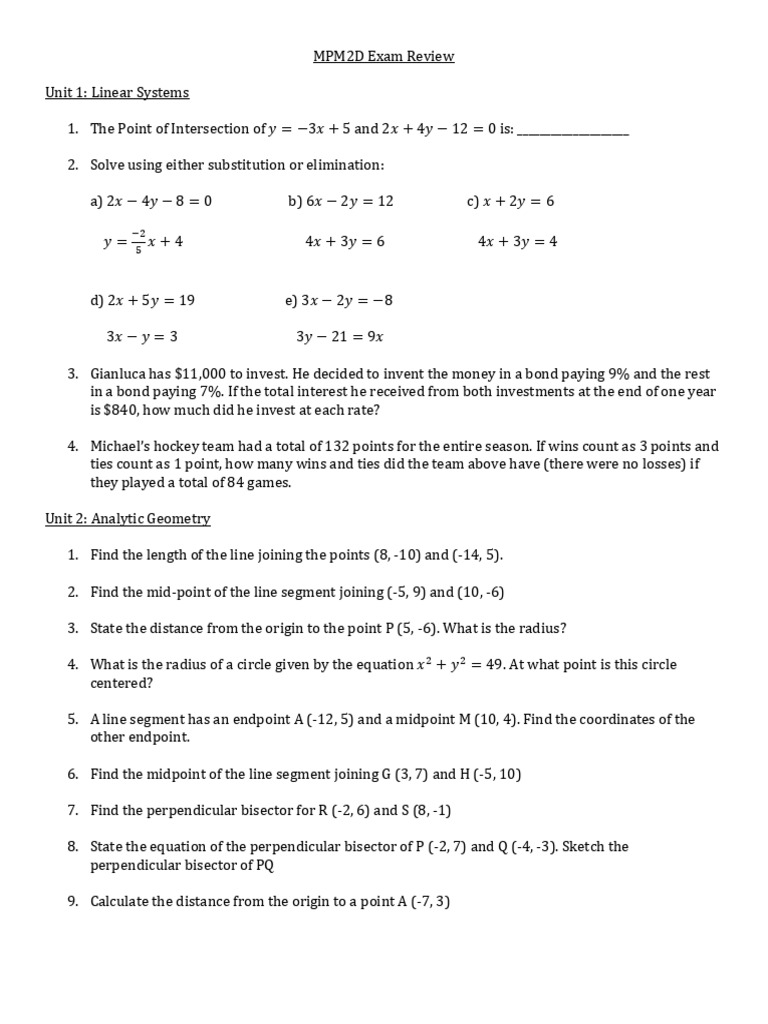MPM2D Exam Review Package 1 | PDF | Line (Geometry) | Elementary ...