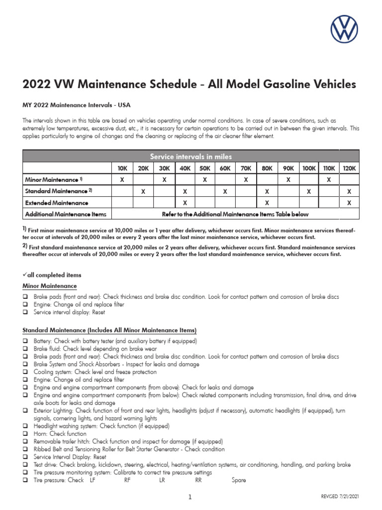 2022 VW Maintenance Schedule MC-10199495-0001 | PDF | Brake | Tire