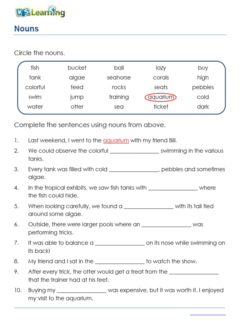 Grammar Worksheet Grade 3 Nouns 0 | PDF | Aquarium | Fish