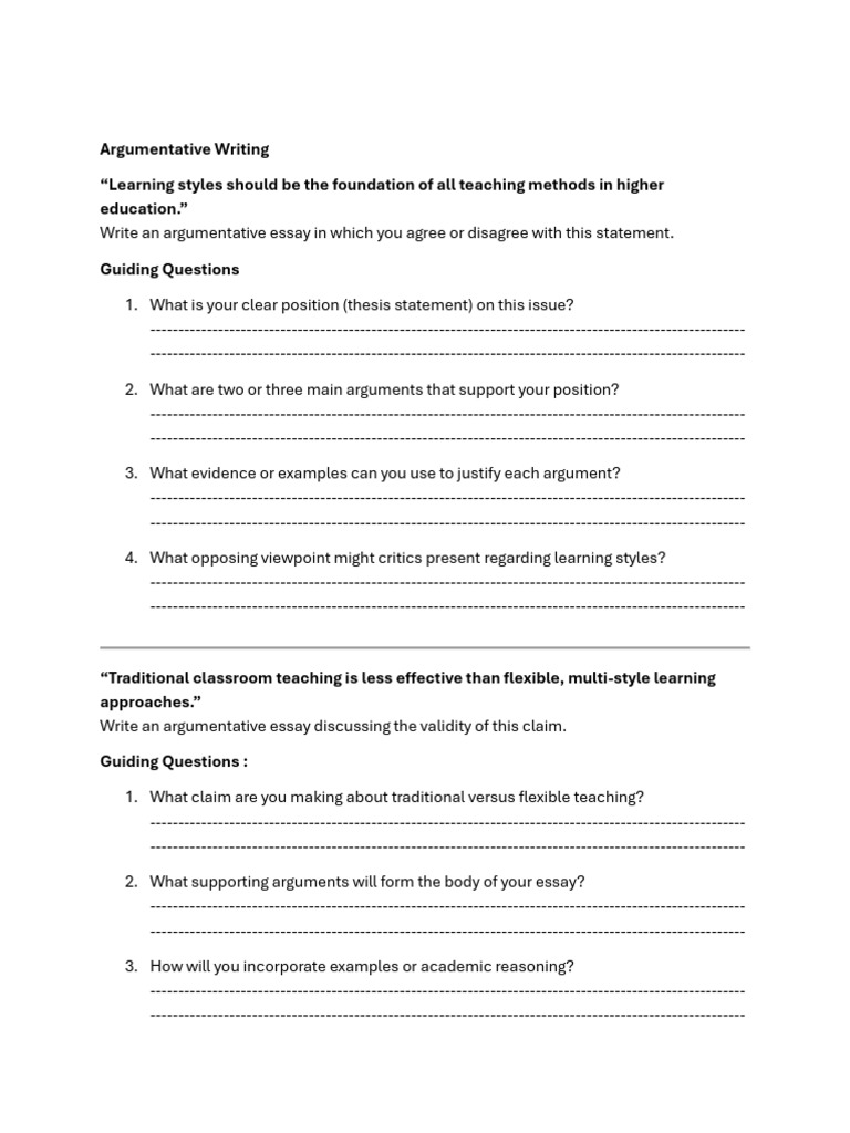 Argumentative Writing | PDF | Learning Styles | Learning