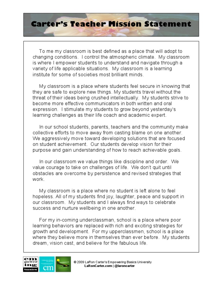 LaRon Carter's Classroom Mission Statement | PDF | Classroom | Teachers