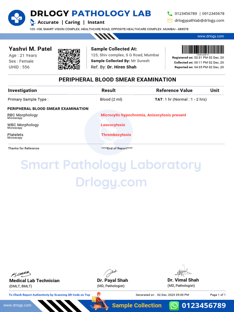 Peripheral Blood Smear Examination Test Abnormal Report Format Example ...