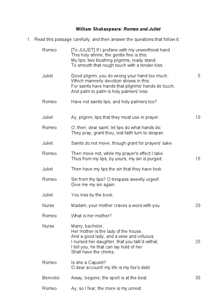 Romeo and Juliet Passage Based Question | PDF | Characters In Romeo And ...