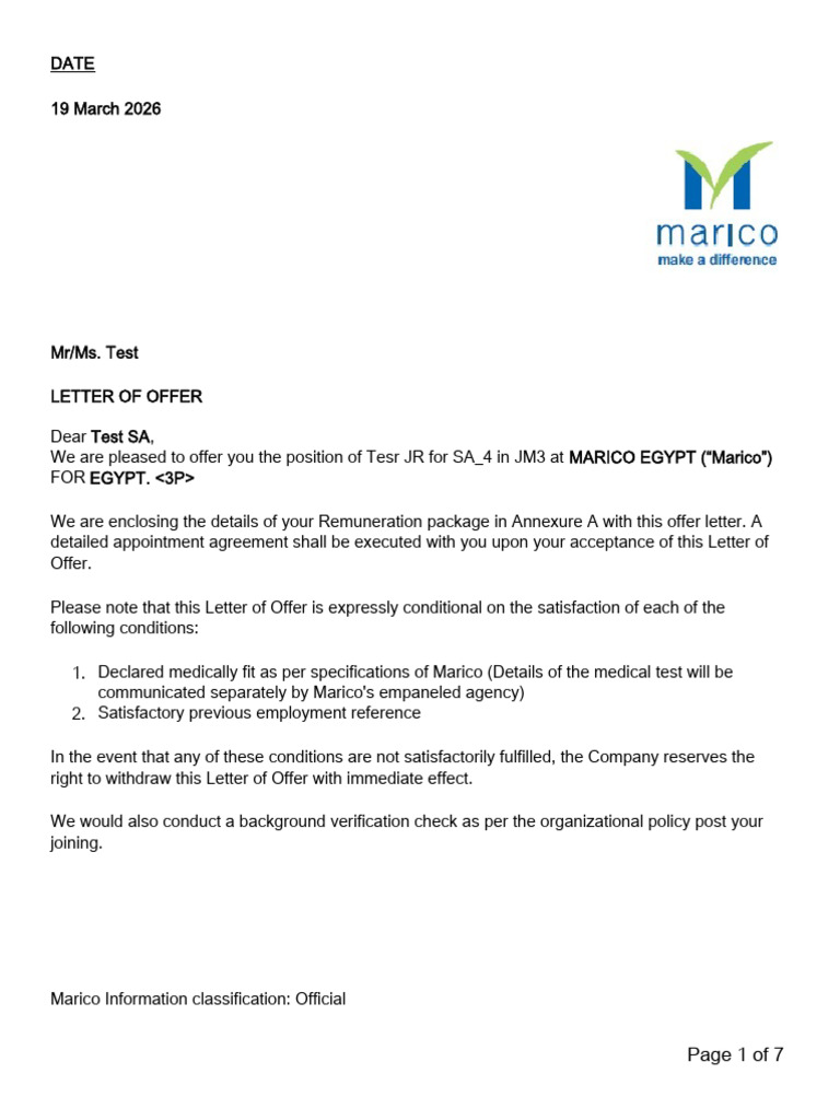 EGYPT Offer Letter | PDF | Salary | Employment