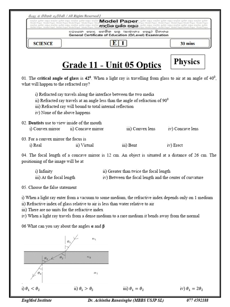 Grade 11 Unit 05 Optics MCQ Test | PDF | Mirror | Refraction