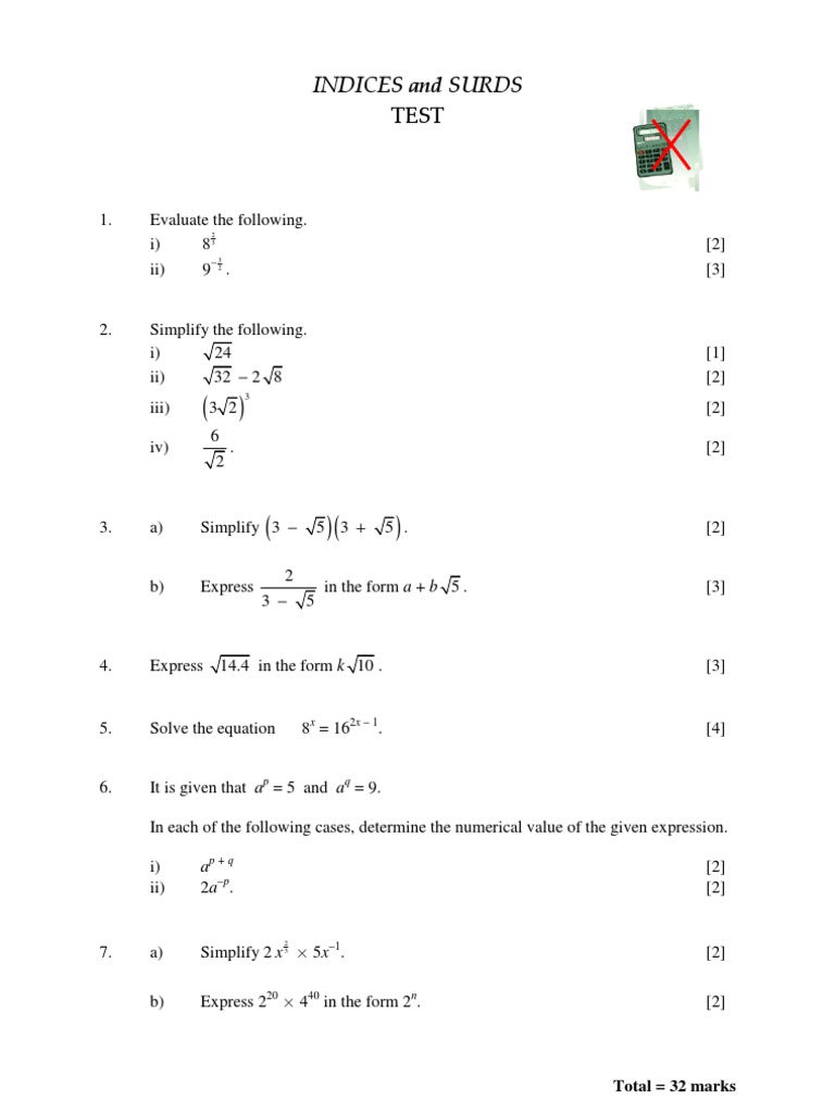 Indices and Surds - Test | PDF | Mathematical Problem Solving ...