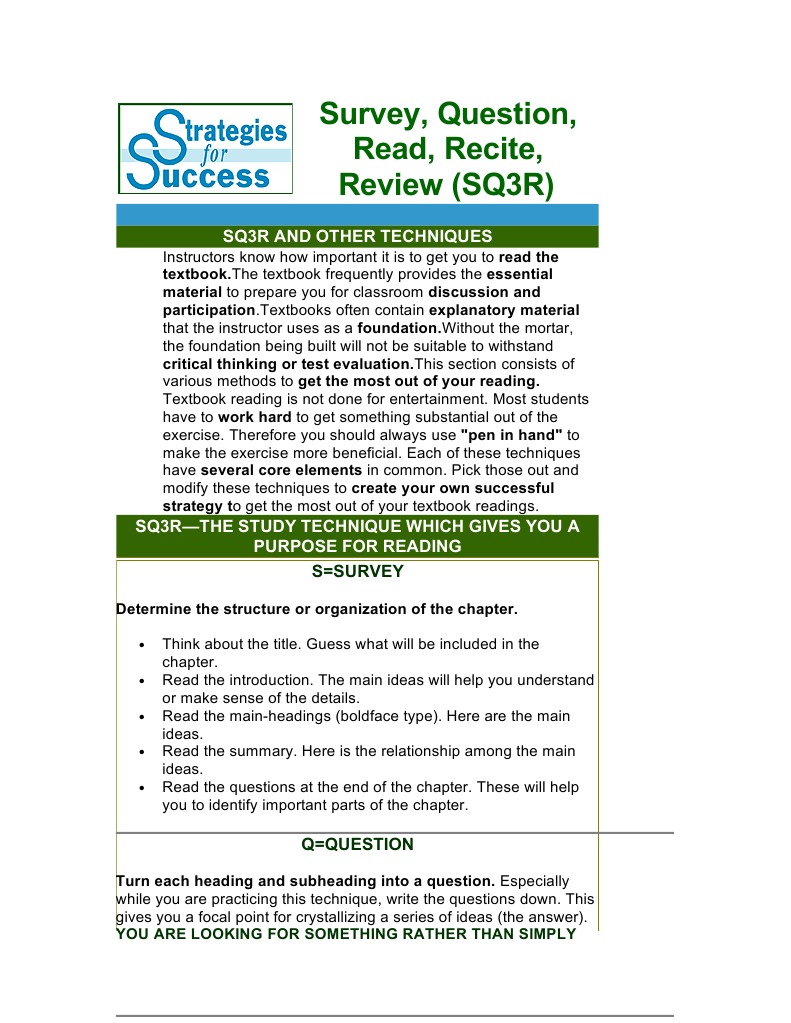 Survey, Question, Read, Recite, Review (SQ3R) | PDF | Textbook | Education Theory