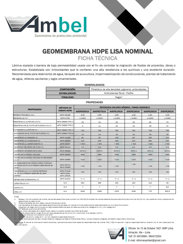 Ficha Tecnica-Geomembrana HDPE Lisa Nominal | PDF