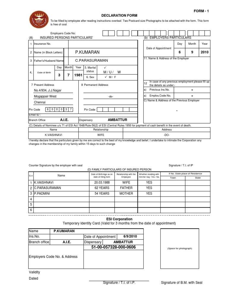 Form 1 Esic Pdf