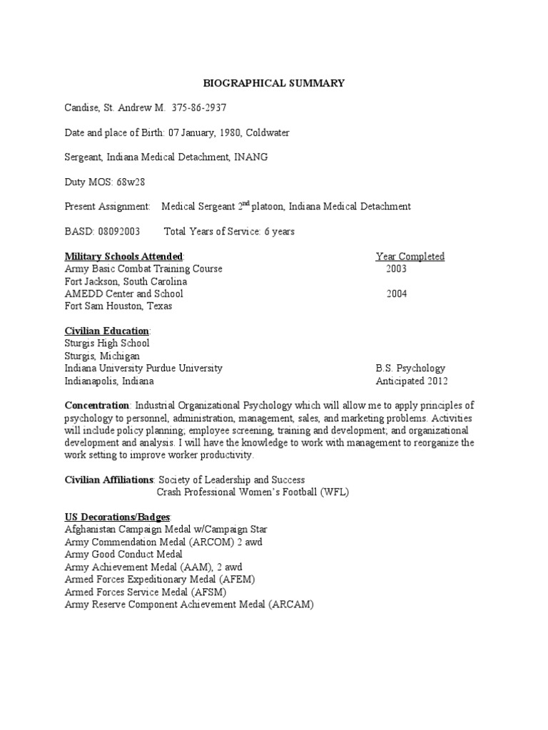Sample Military Biographical Summary | PDF | United States Army | Sergeant