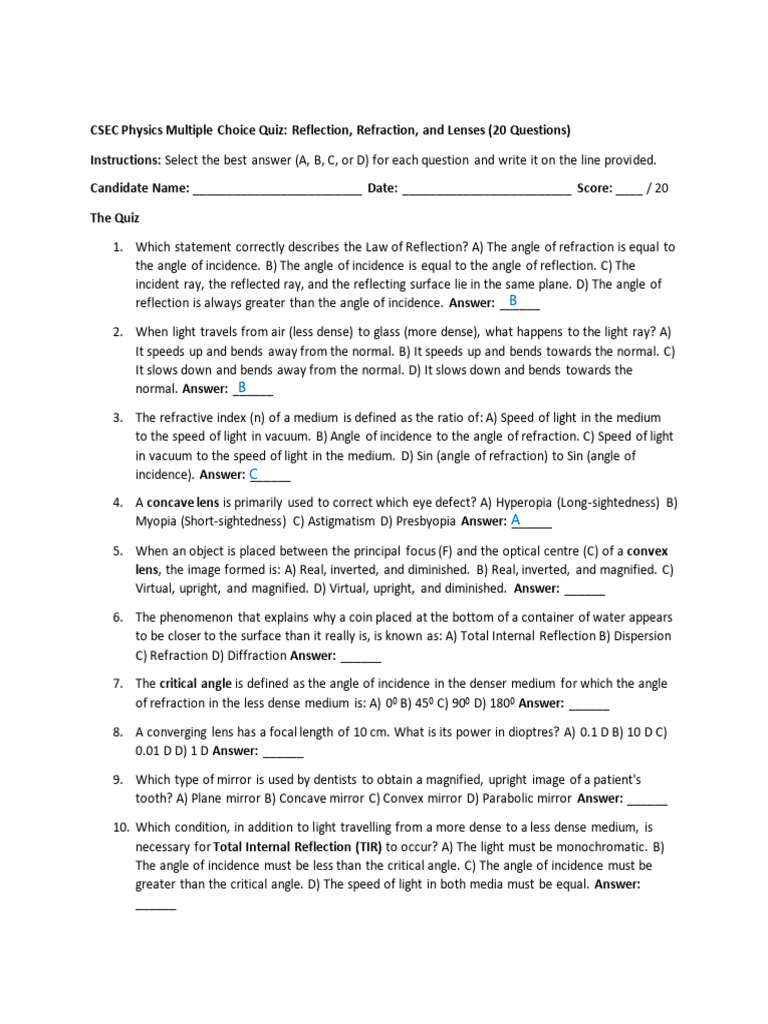Grade 11 Quiz | PDF | Mirror | Refraction
