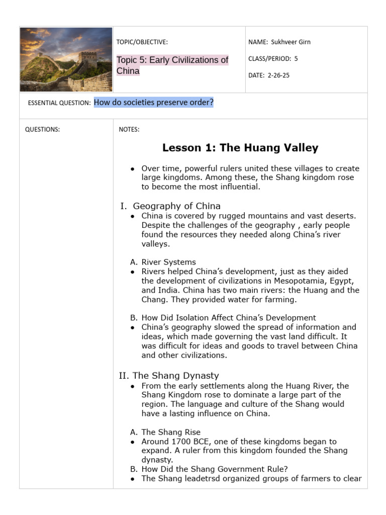 Early Civilizations of China - Cornell Notes Topic 5 Lesson 1 | PDF