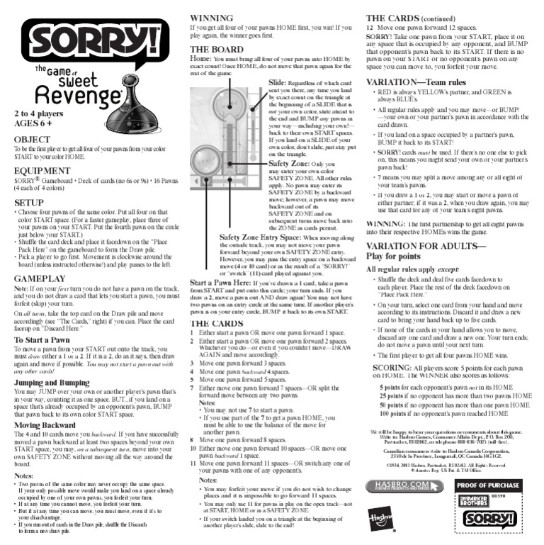 Sorry The Game of Sweet Revenge 2005 Rules | PDF | Gaming | Leisure
