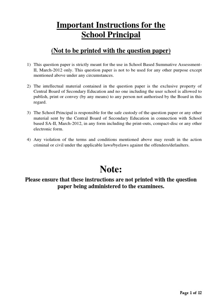 Important Instructions For The School Principal: (Not To Be Printed ...