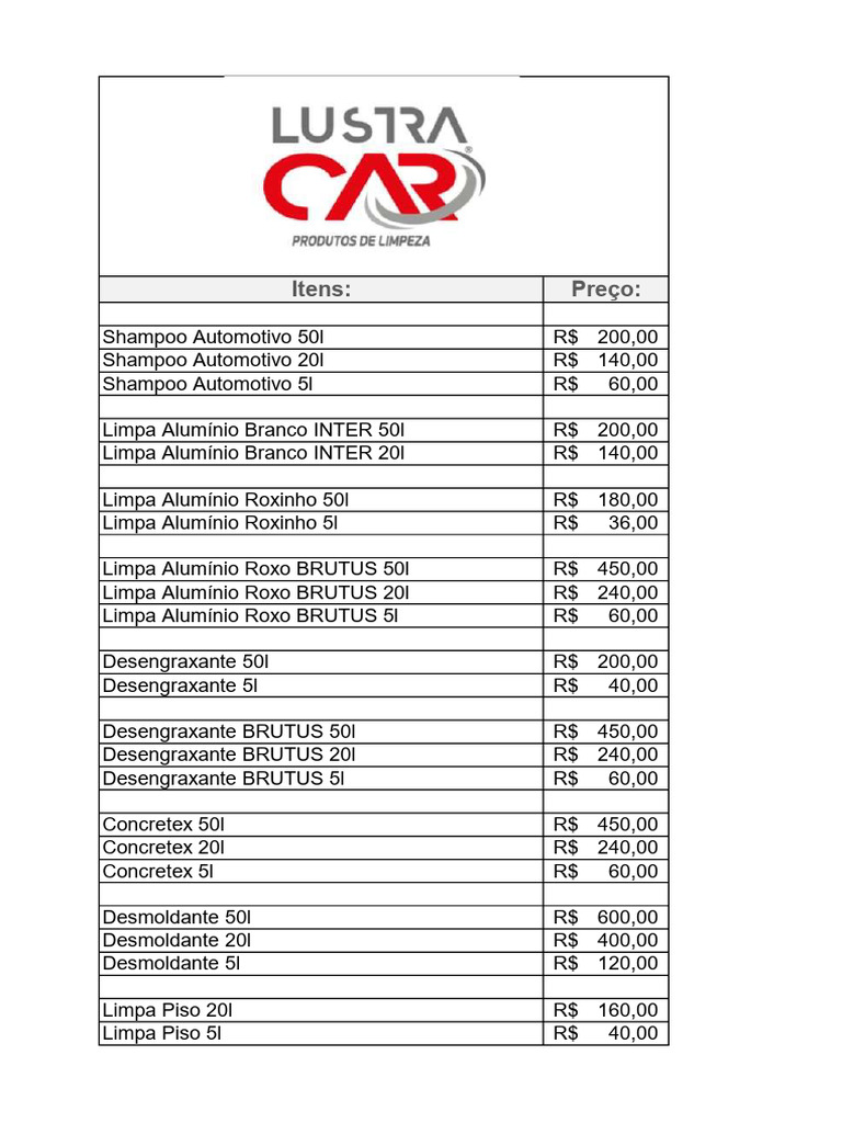 Tabela Preços Lustra Car | PDF