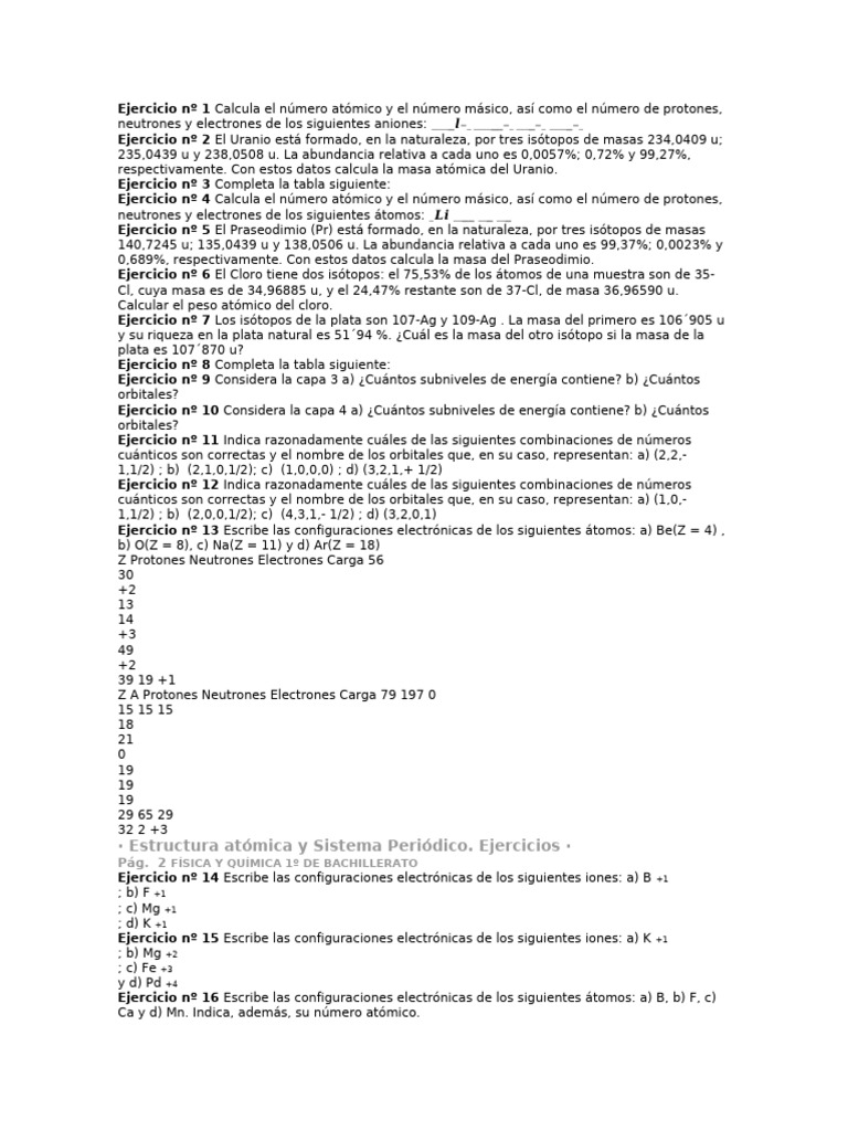 Ejercicio #1 Calcula El Número Atómico y El Número Másico | PDF ...