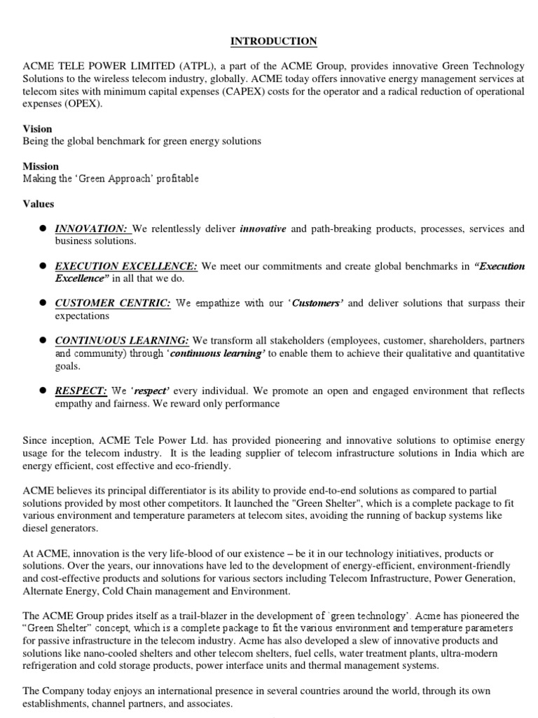 ACME Tele Power's Green Energy Solutions | PDF | Outsourcing | Payroll