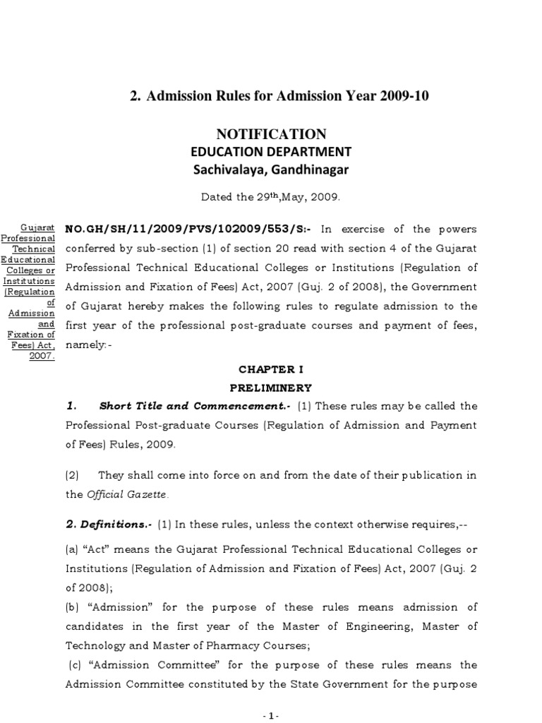 Admission Rules For Admission Year 2009-10 Notification: Education ...
