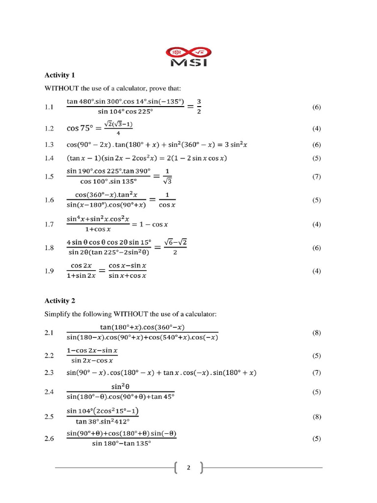 Trigonometric Identities Revision Booklet-1 | PDF