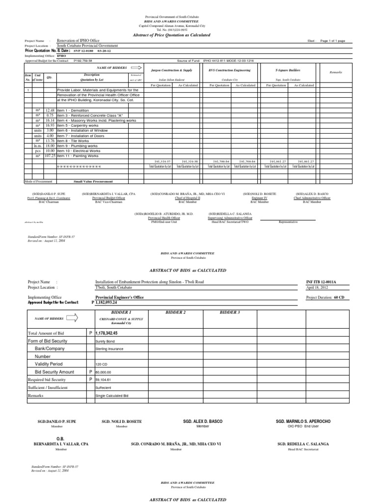 Abstract of Bids as Calculated-Infra (1st-2nd Quarter) | Industries ...