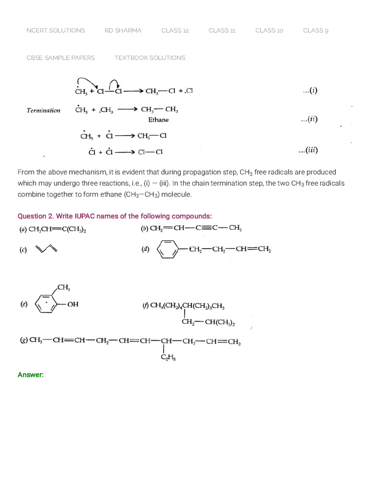 NCERT Solutions For Class 11 Chemistry Chapter 13 Hydrocarbons | PDF ...