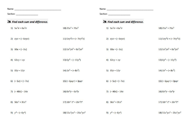 Add and Sub Monomials Worksheet | PDF