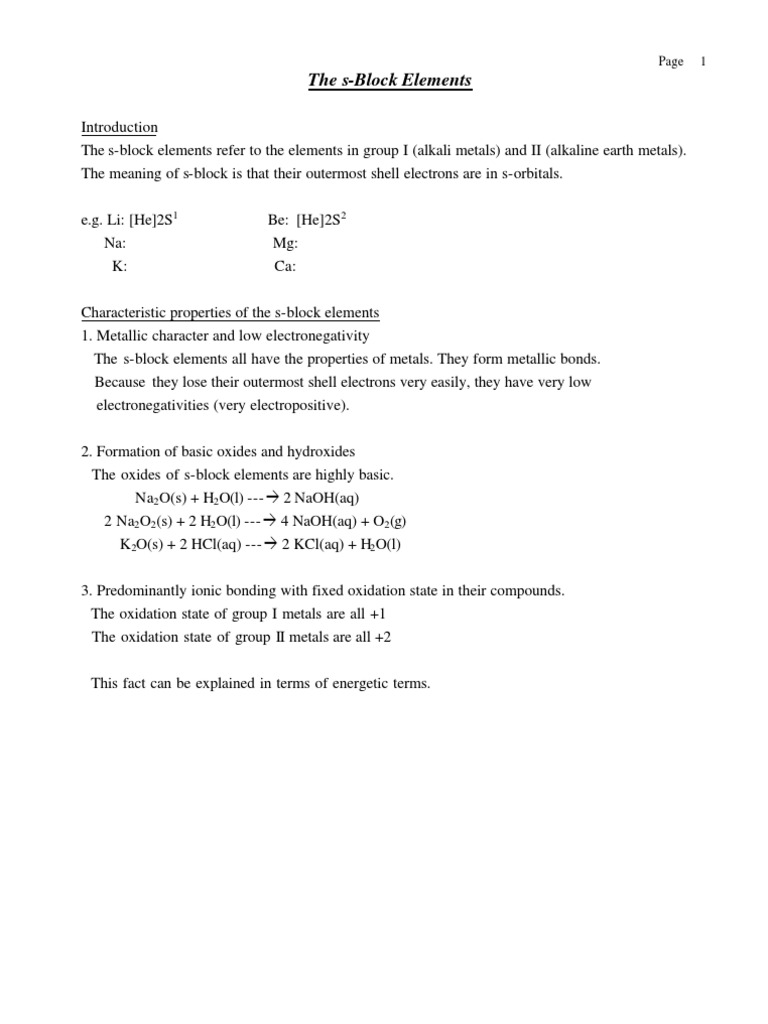The S-Block Elements | PDF | Ion | Ionic Bonding