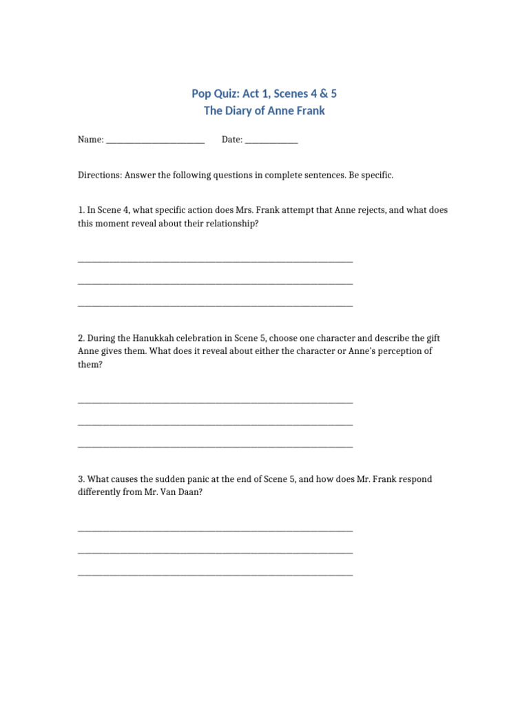 Pop Quiz Act 1 Scenes 4 and 5 Anne Frank | PDF