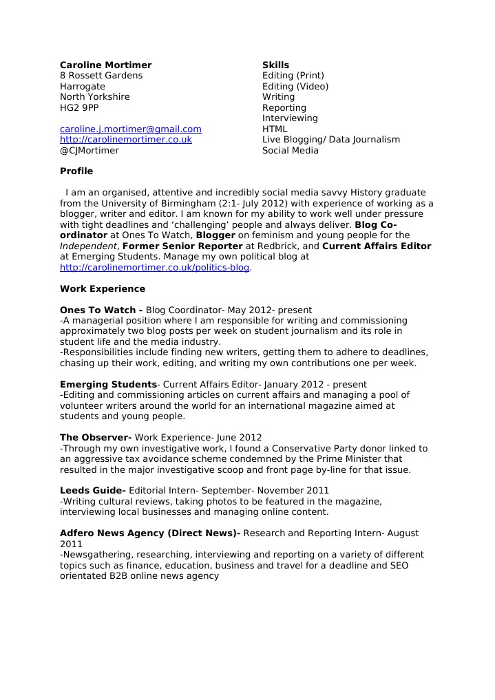 Caroline Mortimer CV Scribd 3 | PDF | Editing | Blog