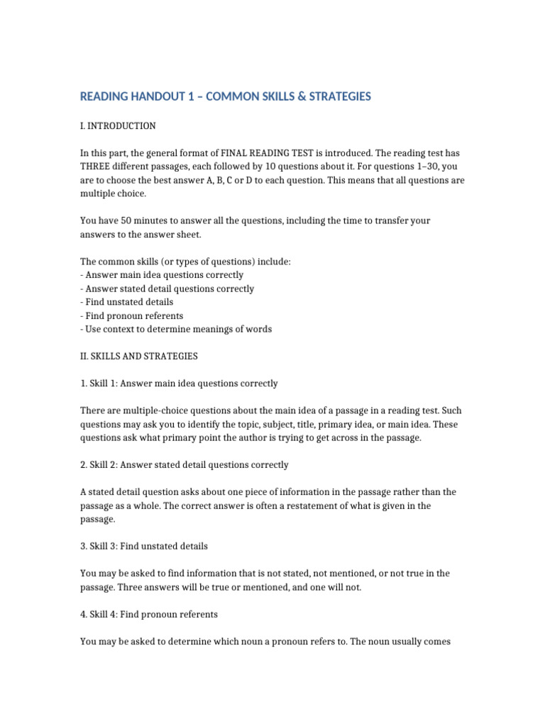 Reading Handout Full With Exercises | PDF | Multiple Choice | Human ...