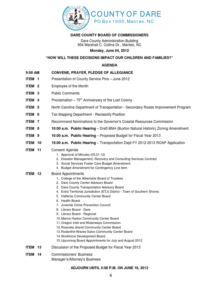 Dare County Board Meeting Agenda | PDF