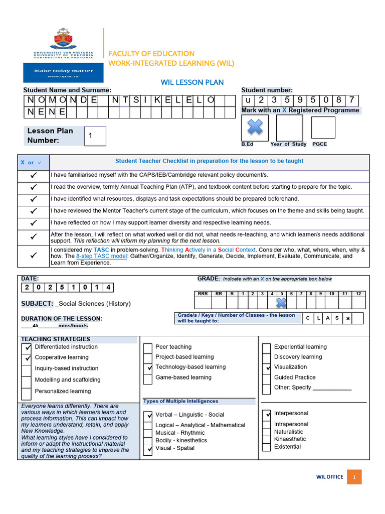 WIL - Student - Teacher - Fill-IN - Lesson Plan - Template - UP | PDF ...