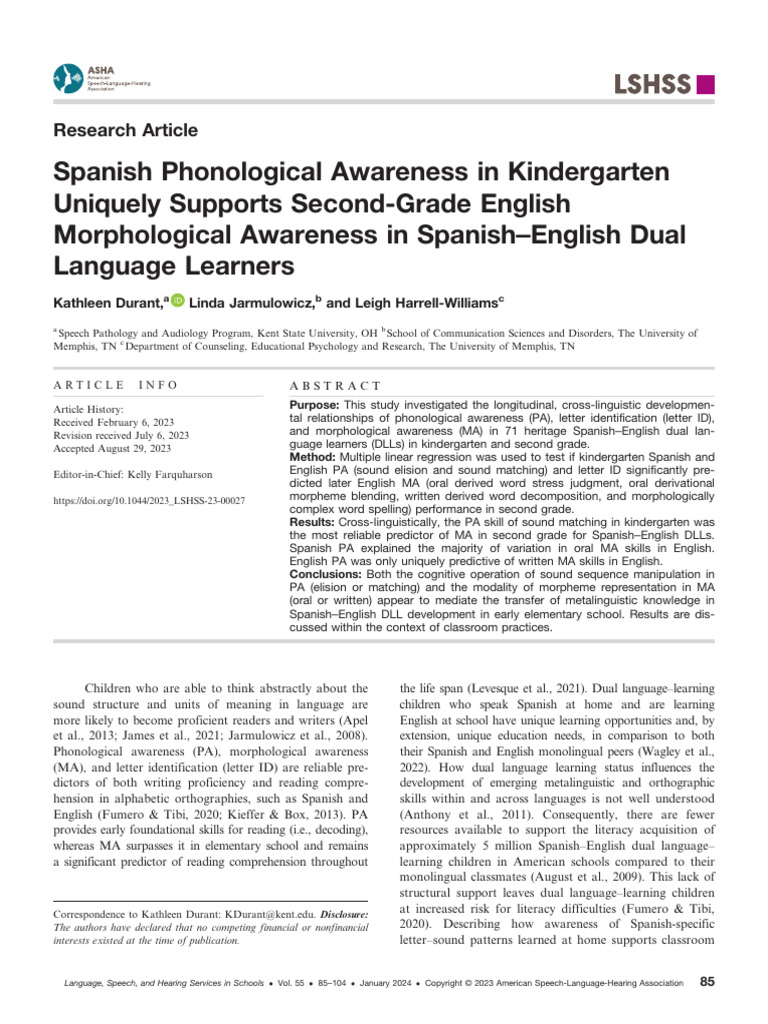 Durant Et Al 2023 Spanish Phonological Awareness in Kindergarten ...