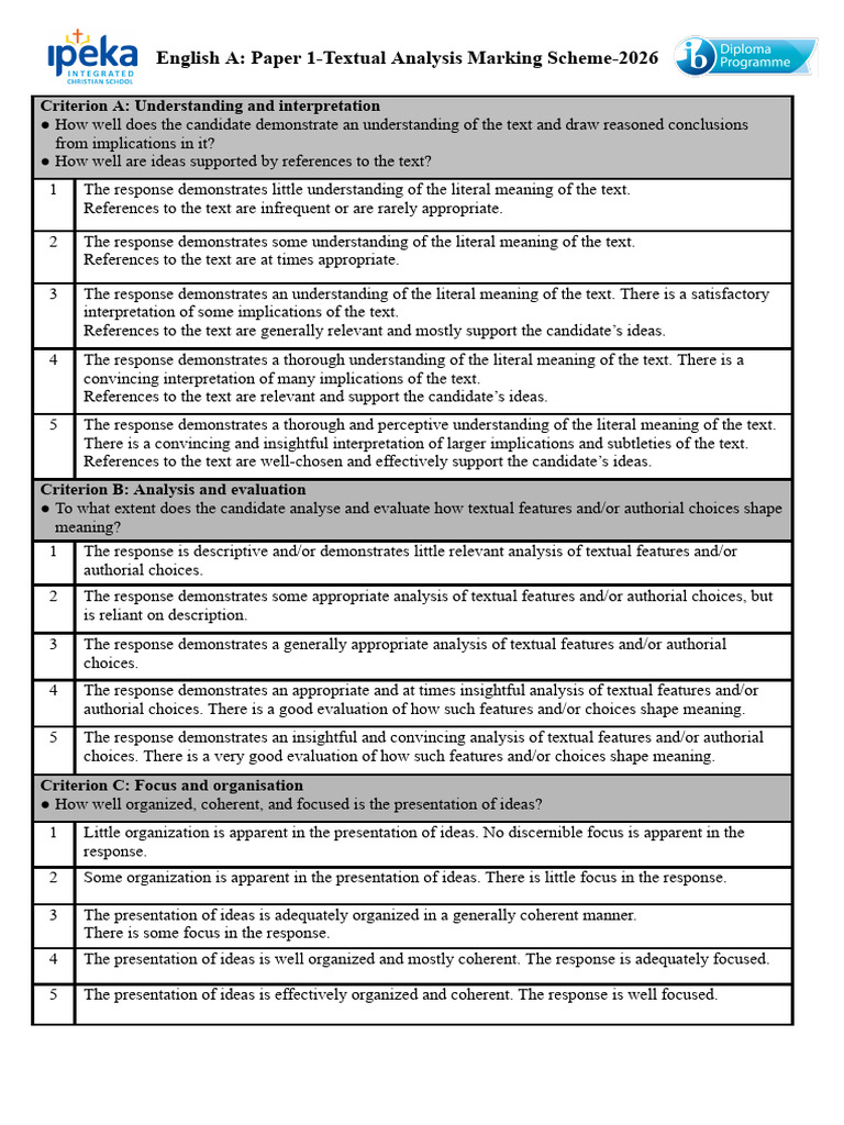 English A-Paper 1-Textual Analysis-Marking Scheme 2026 2 | PDF ...