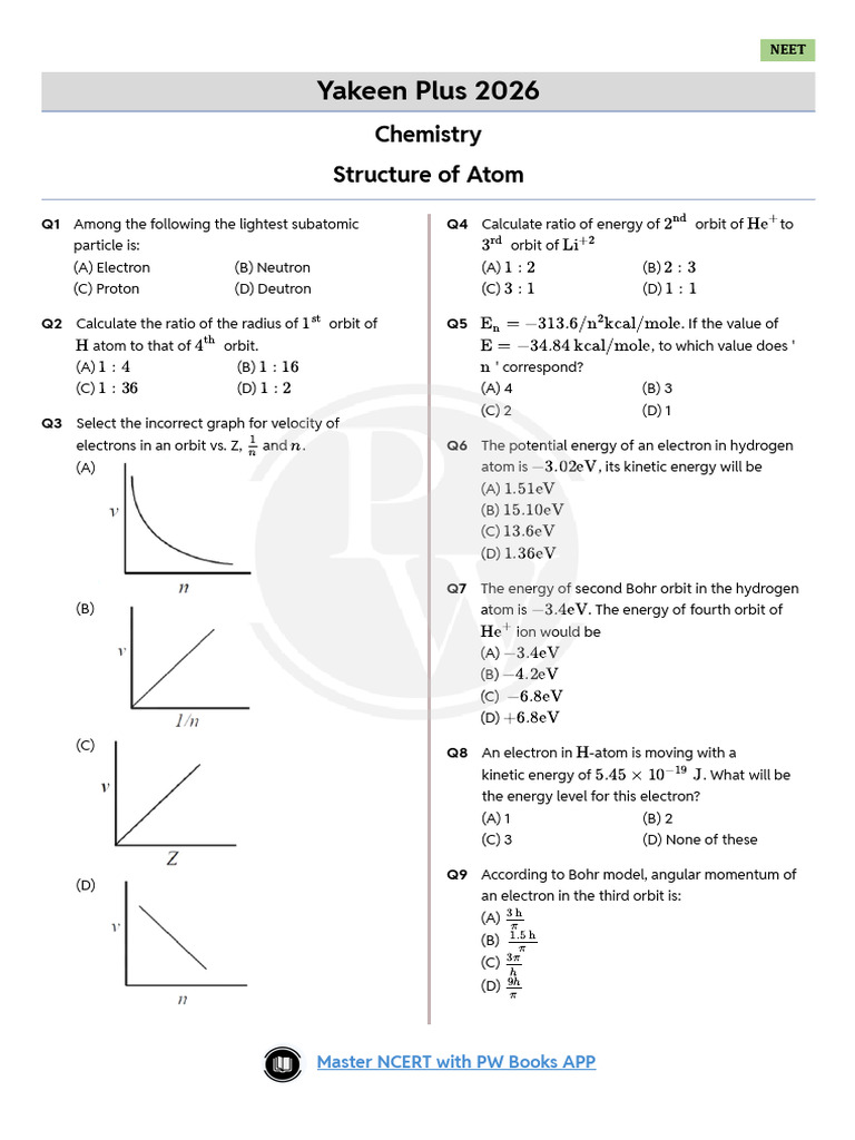 Structure of Atom Practice Sheet | PDF | Electron | Atoms