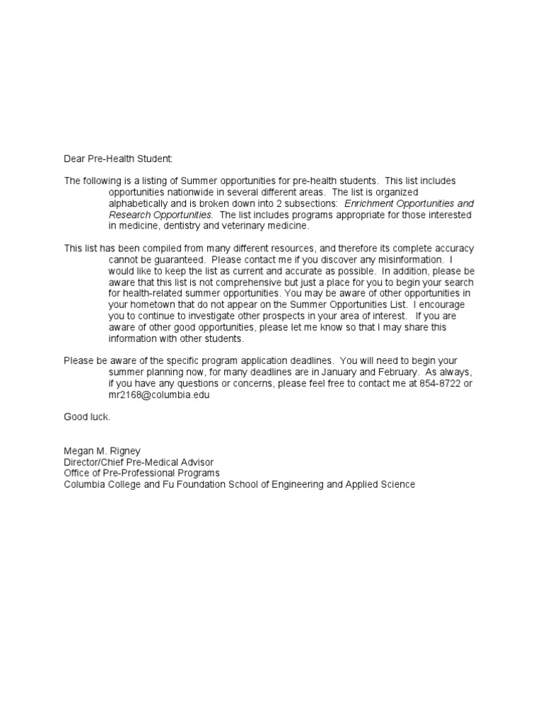Summer Opportunities-Preproff | PDF | Medical School | Medical College ...